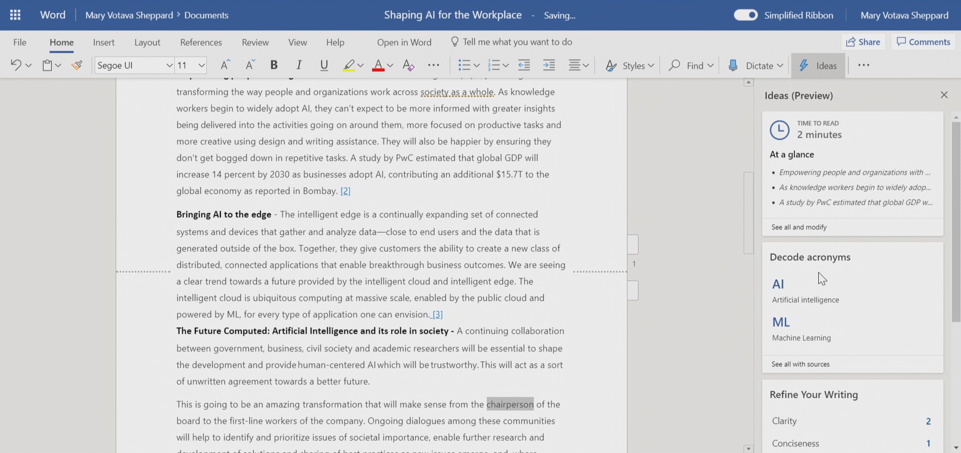 Build 2019: Word integrates 'Ideas' to improve writing with AI insights ...